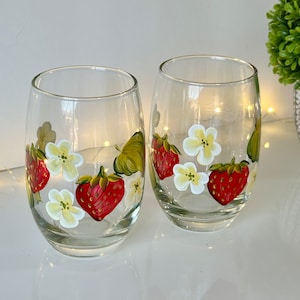 Strawberry Glass Pitcher Set Painted Stemless Wine Glasses, Step Mom ...