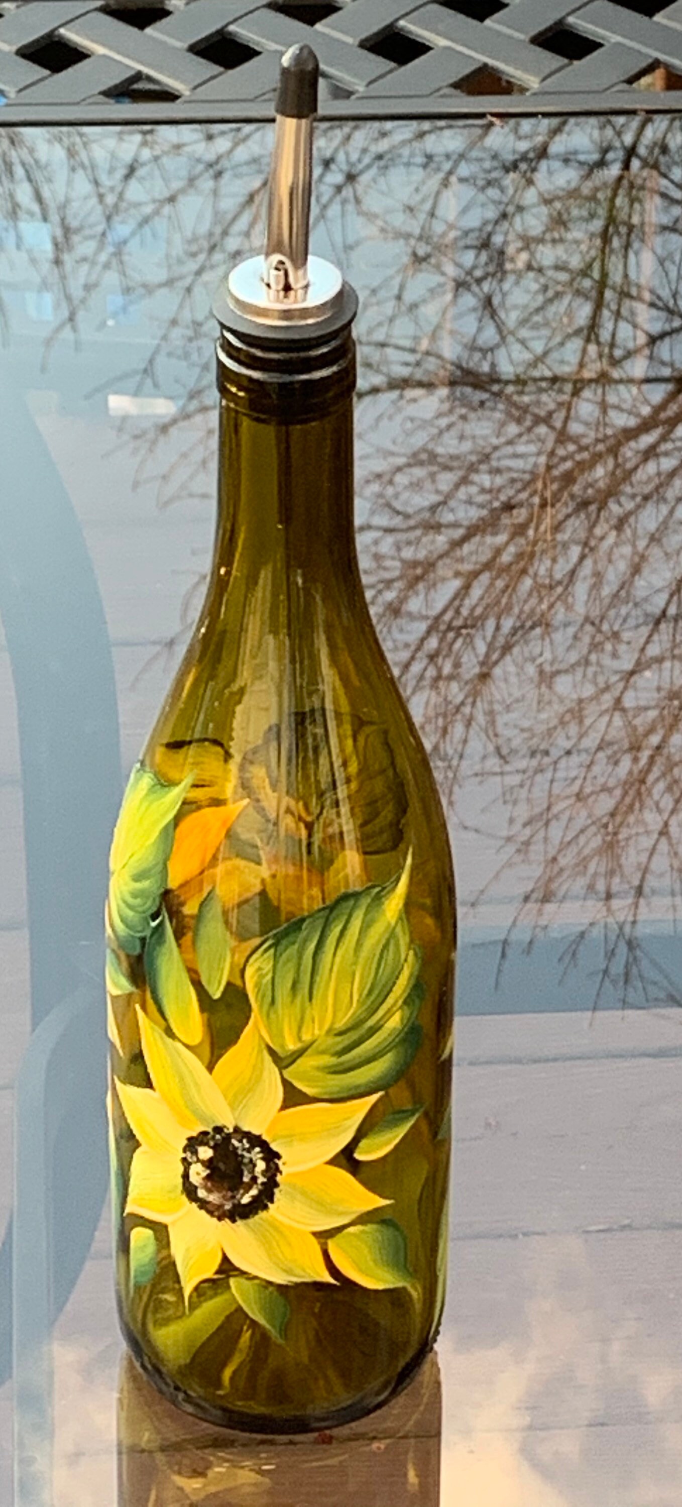 Painted sunflower olive oil bottle olive colored glass oil | Etsy