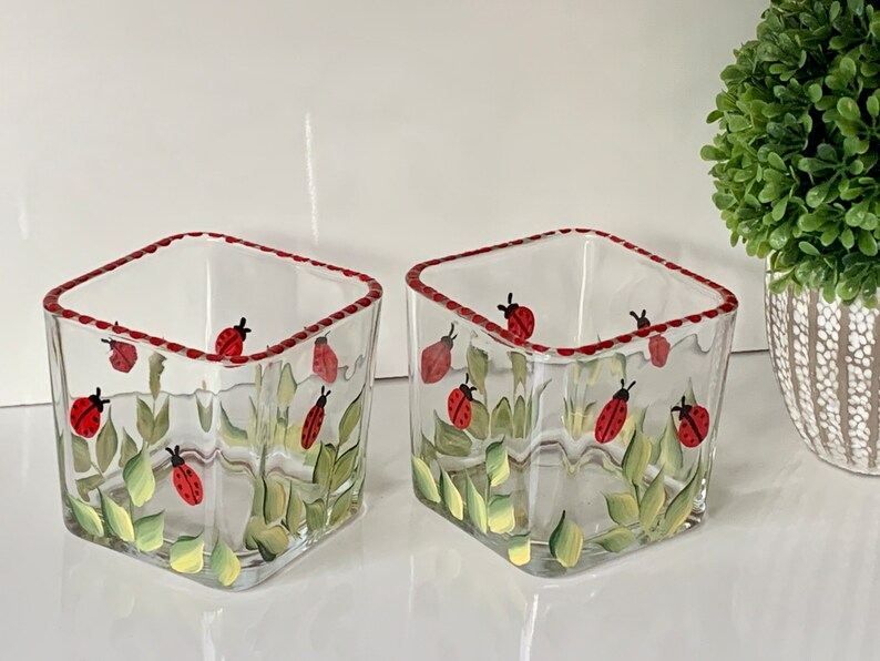Ladybugs Candle Holder Painted Glass Ladybug Kitchen Decor - Etsy