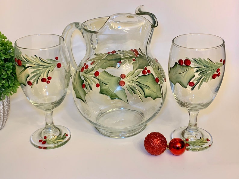 Hand Painted Glass Pitcher Set With Christmas Berries, Holiday Pitcher ...
