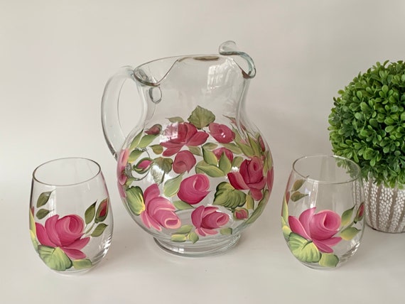 Painted Pitcher Set Large Glass Pitcher Sangria Pitcher - Etsy