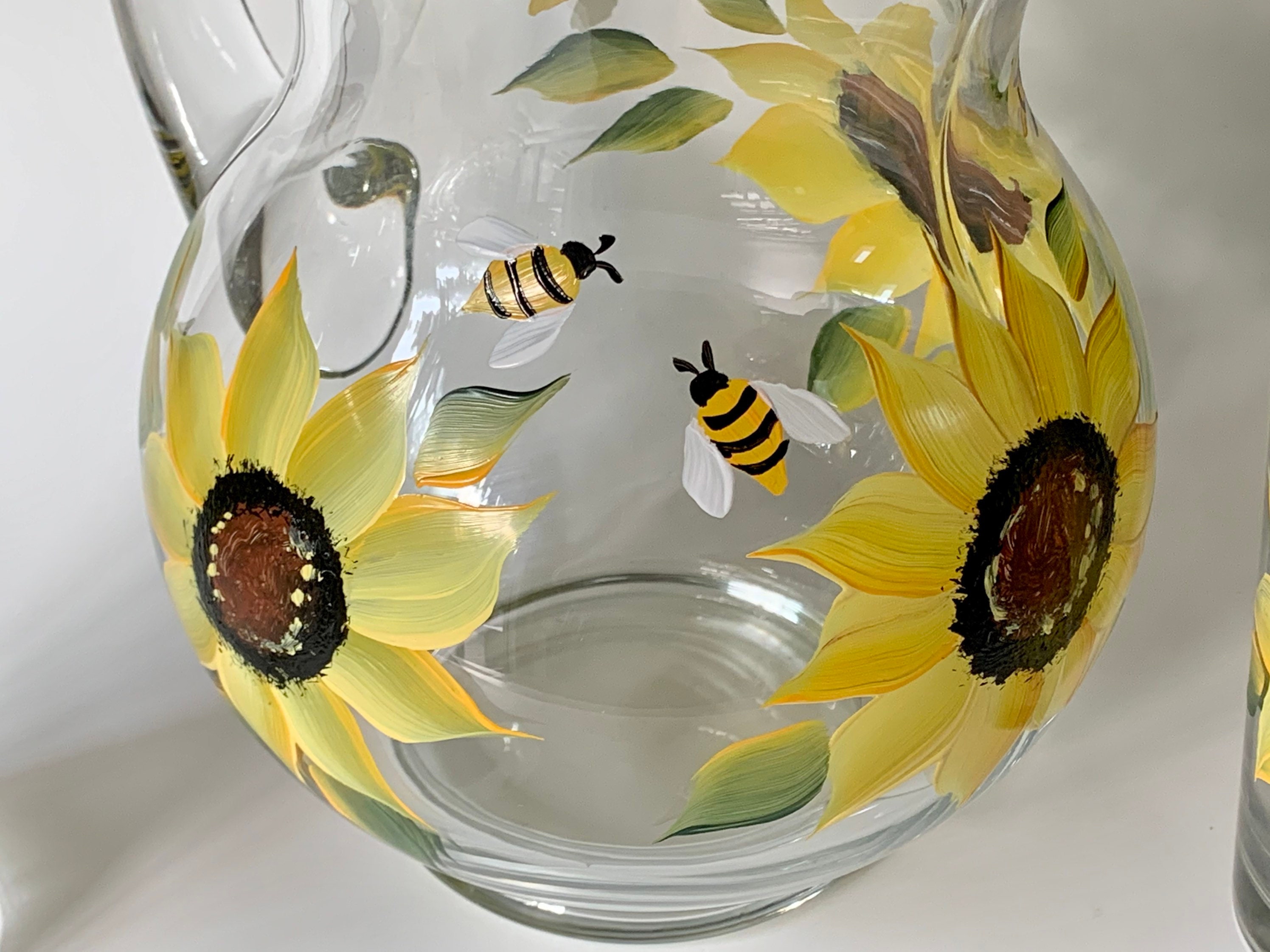 Hand Painted Glass Pitcher Sunflowers Bees, Sangria Pitcher Godmother ...