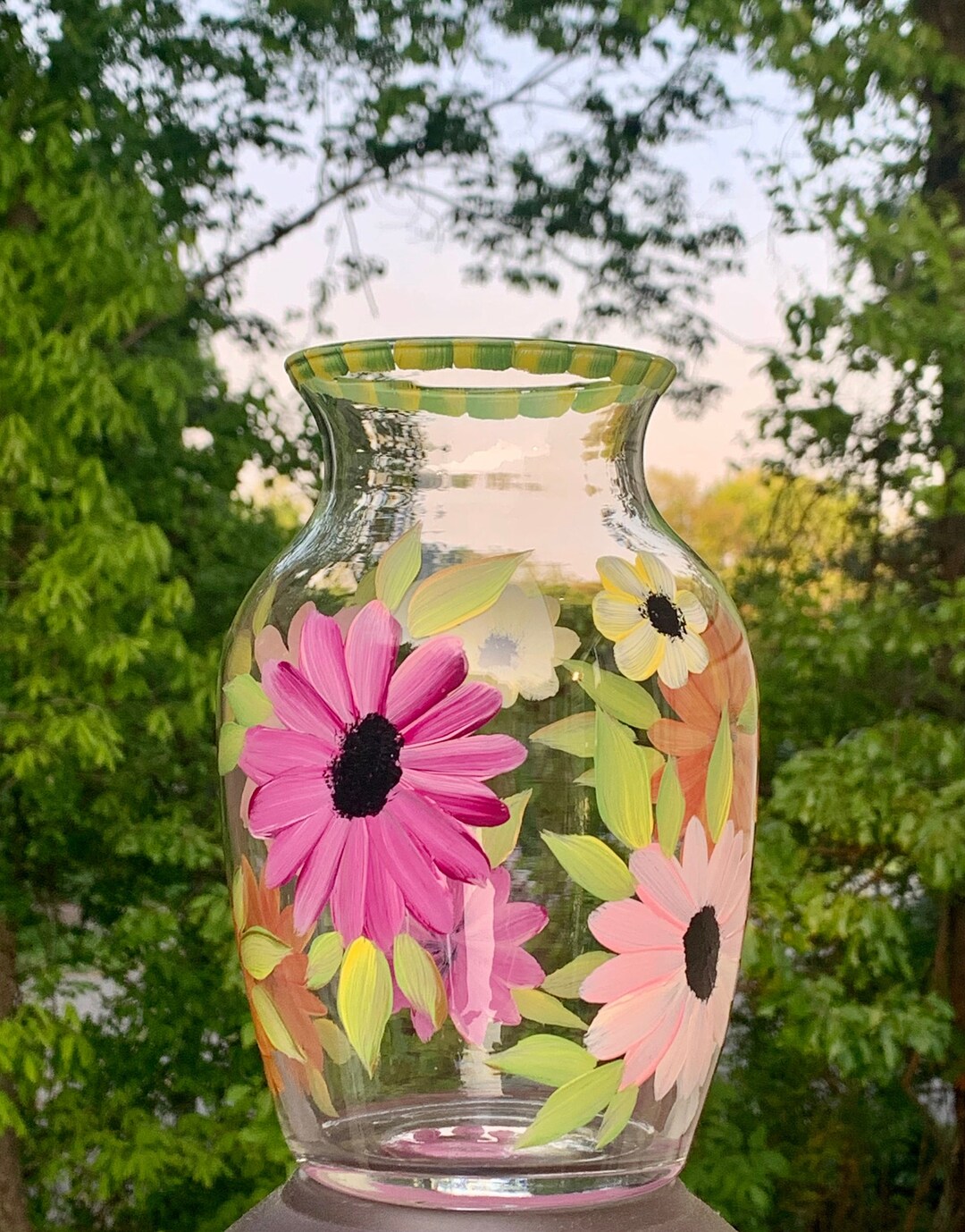 Painted Glass Vase Colorful Daisies, 21st Birthday Gift for Her, Spring ...