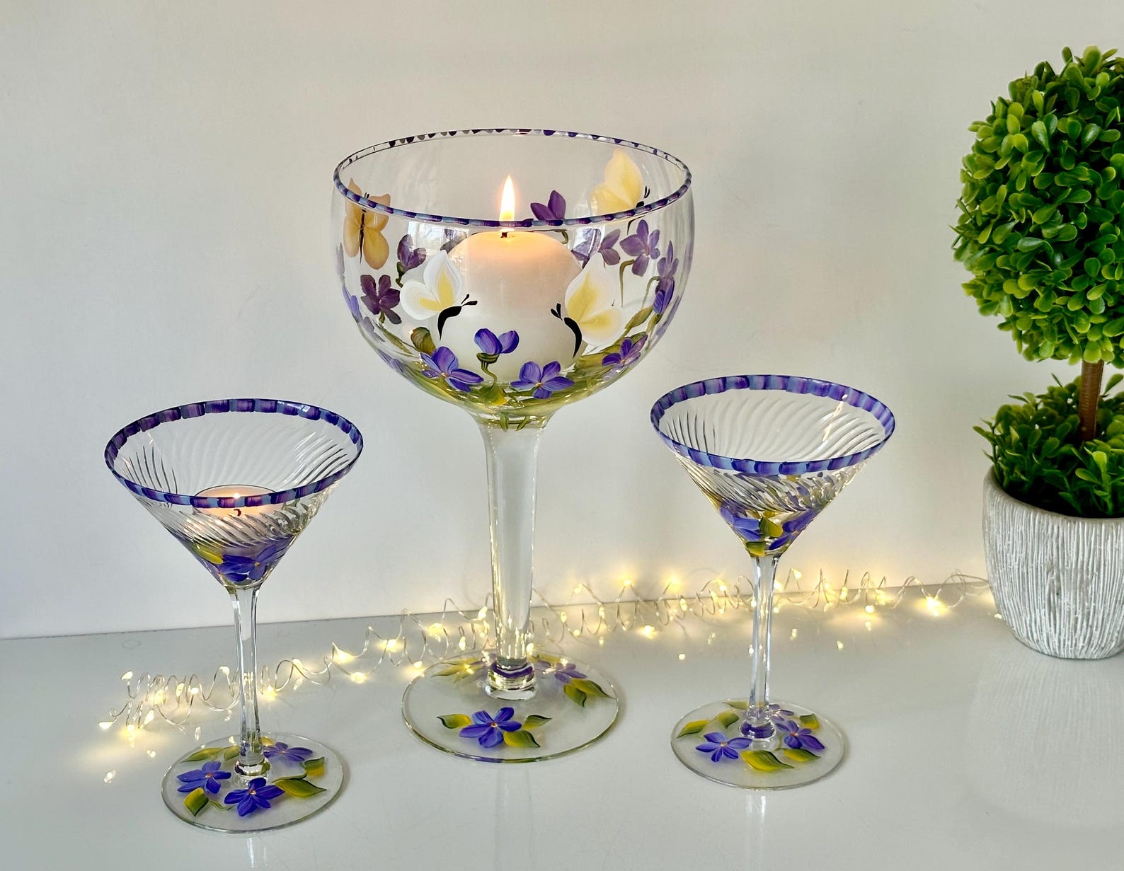 Painted Candle Holder Violets Butterflies Centerpiece, Roommate Gift ...