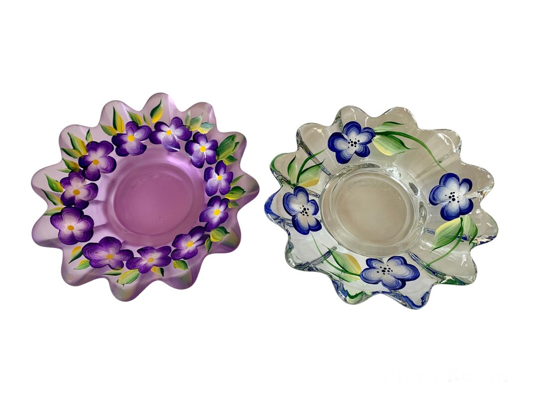 Hand Painted Candle Holder, Ring Holder, Painted Violets, Painted Blue ...