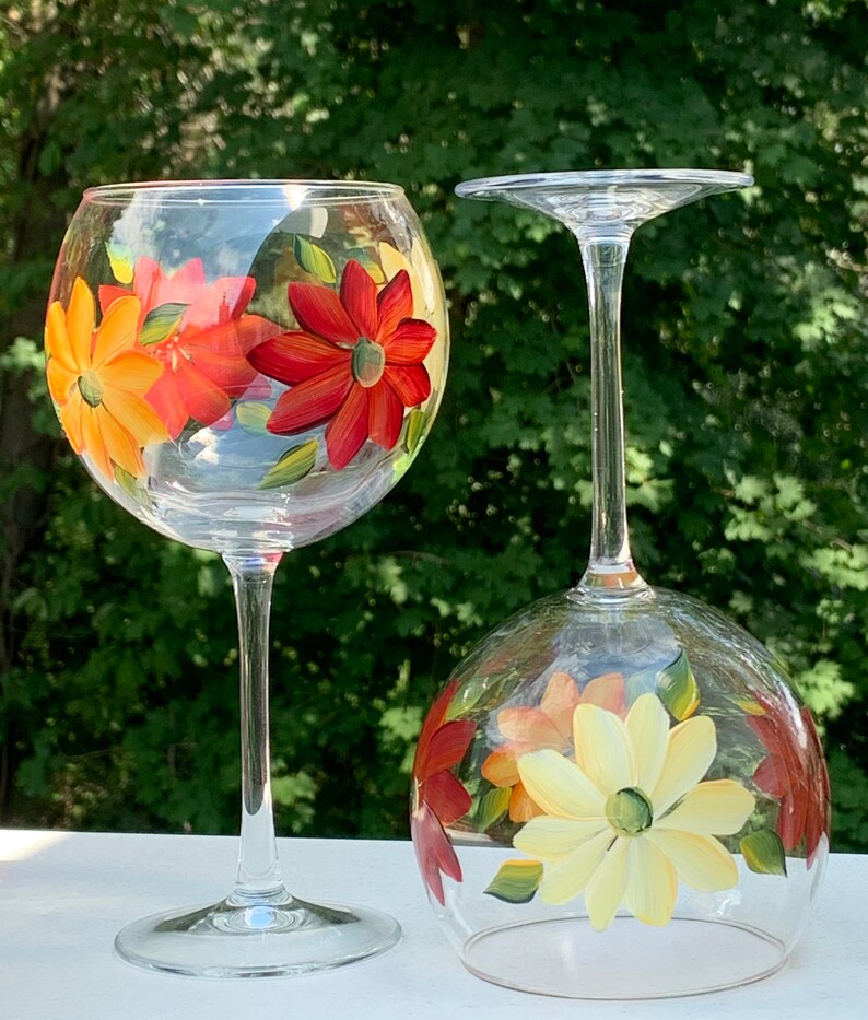 Painted Wine Glasses Painted Fall Daisies Red Wine Glass - Etsy