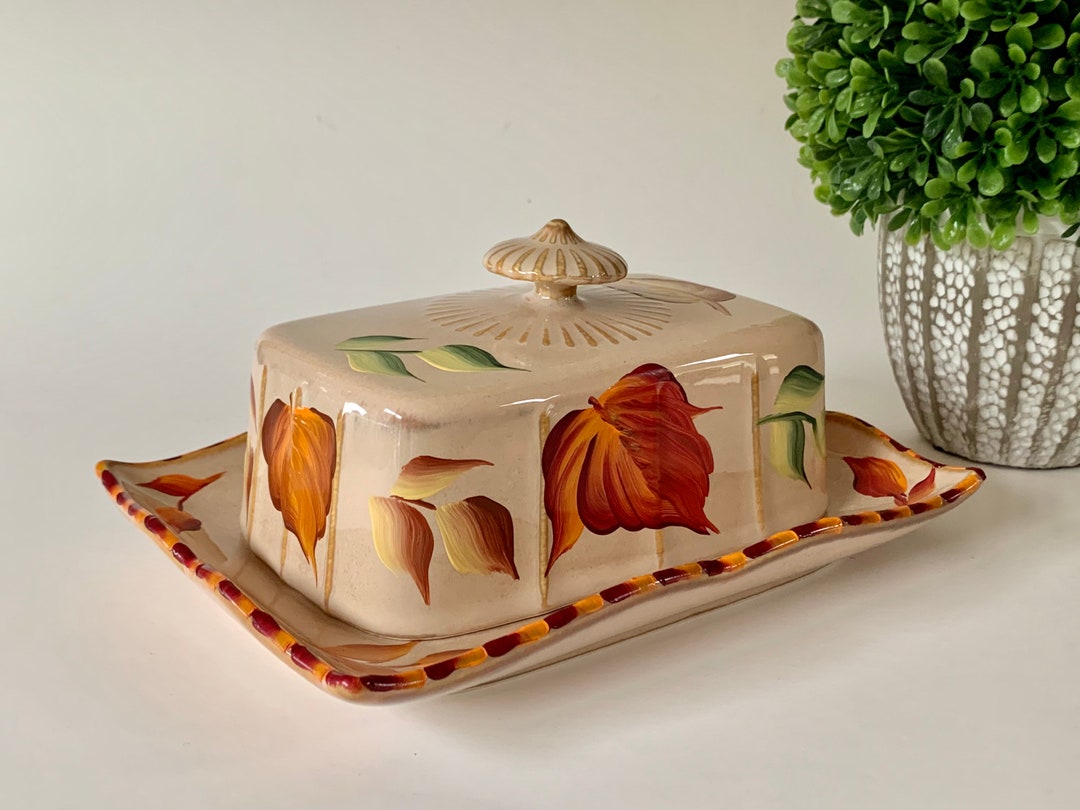 Butter Dish, Painted Fall Leaves Butter Keeper, Ceramic Covered Butter ...