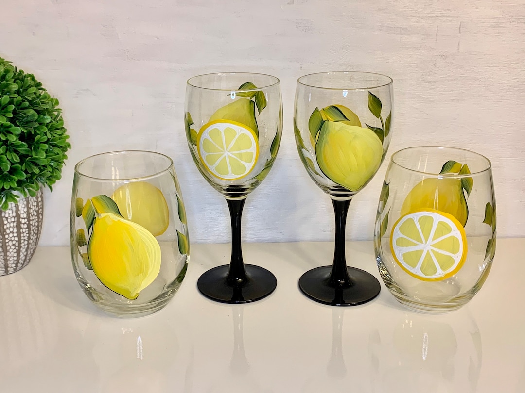 Painted Lemons Wine Glasses, Lemons and Lemon Slices, Sister in Law ...