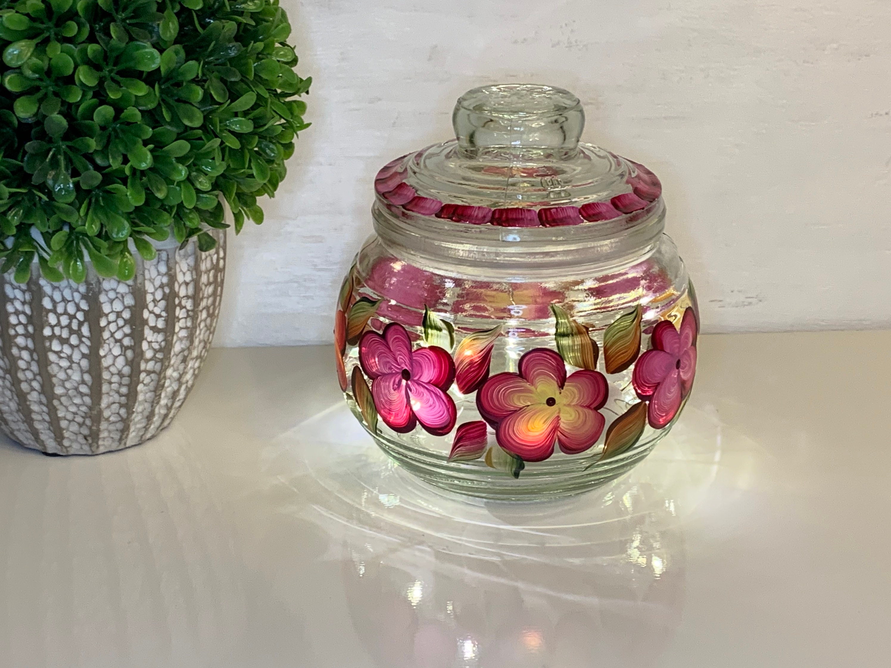 Painted Cookie Jar, Fall Flowers Candy Jar, Glass Jar With Lid, Candle ...