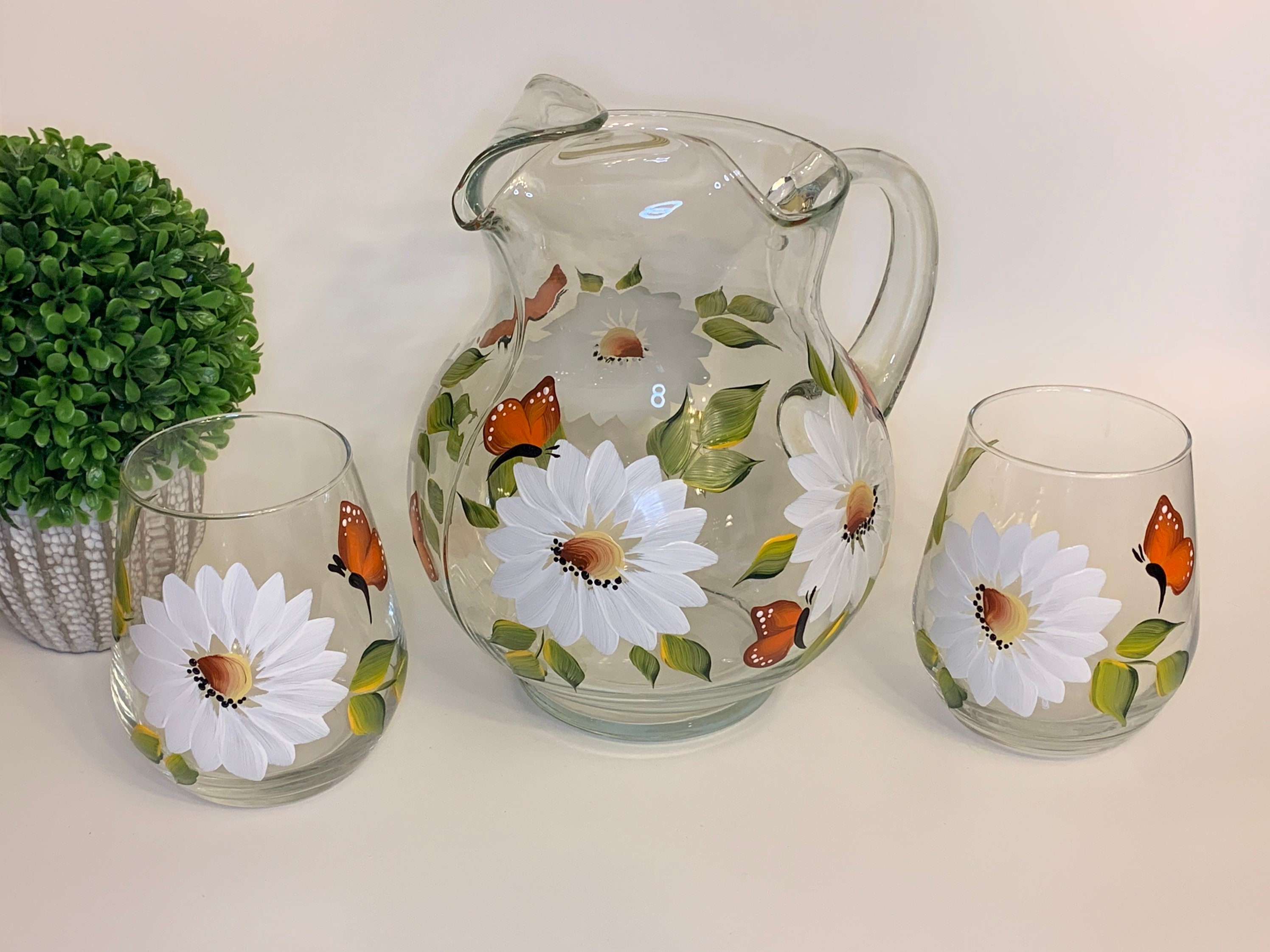 Butterfly Glass Pitcher Set, Painted Stemless Wine Glasses Daisy ...