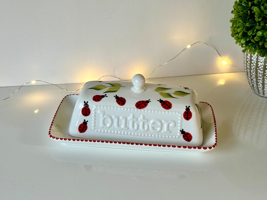 Painted Butter Dish Ladybugs, Ceramic Butter Dish With Lid, Covered ...