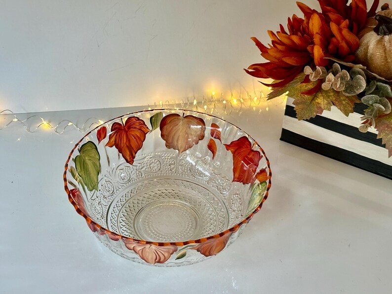 Painted Fall Glass Bowl, Thanksgiving Table Decor Colorful Leaves Salad ...