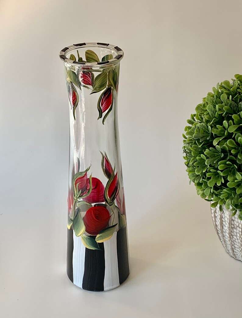 Painted bud vase glass roses vase black white vase roses | Etsy
