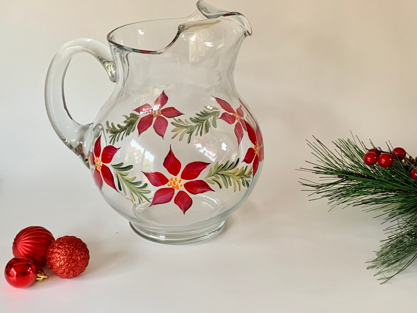 Hand Painted Glass Pitcher Set With Christmas Poinsettia, Holiday ...