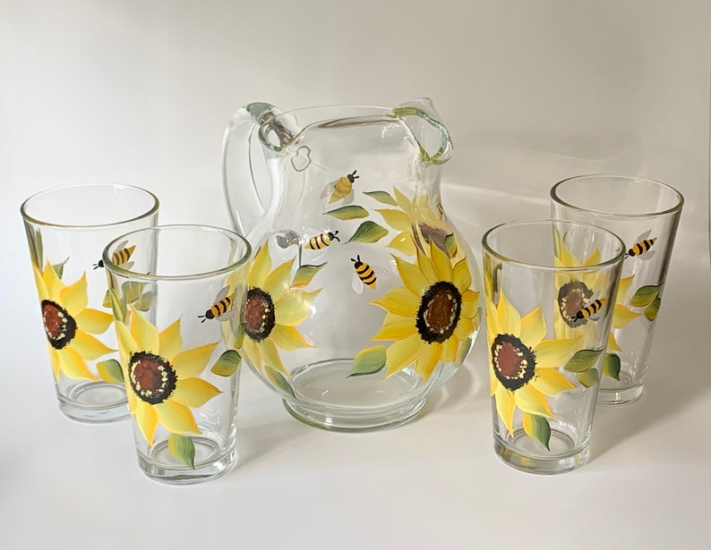 Hand Painted Glass Pitcher Sunflowers Bees, Sangria Pitcher Godmother ...