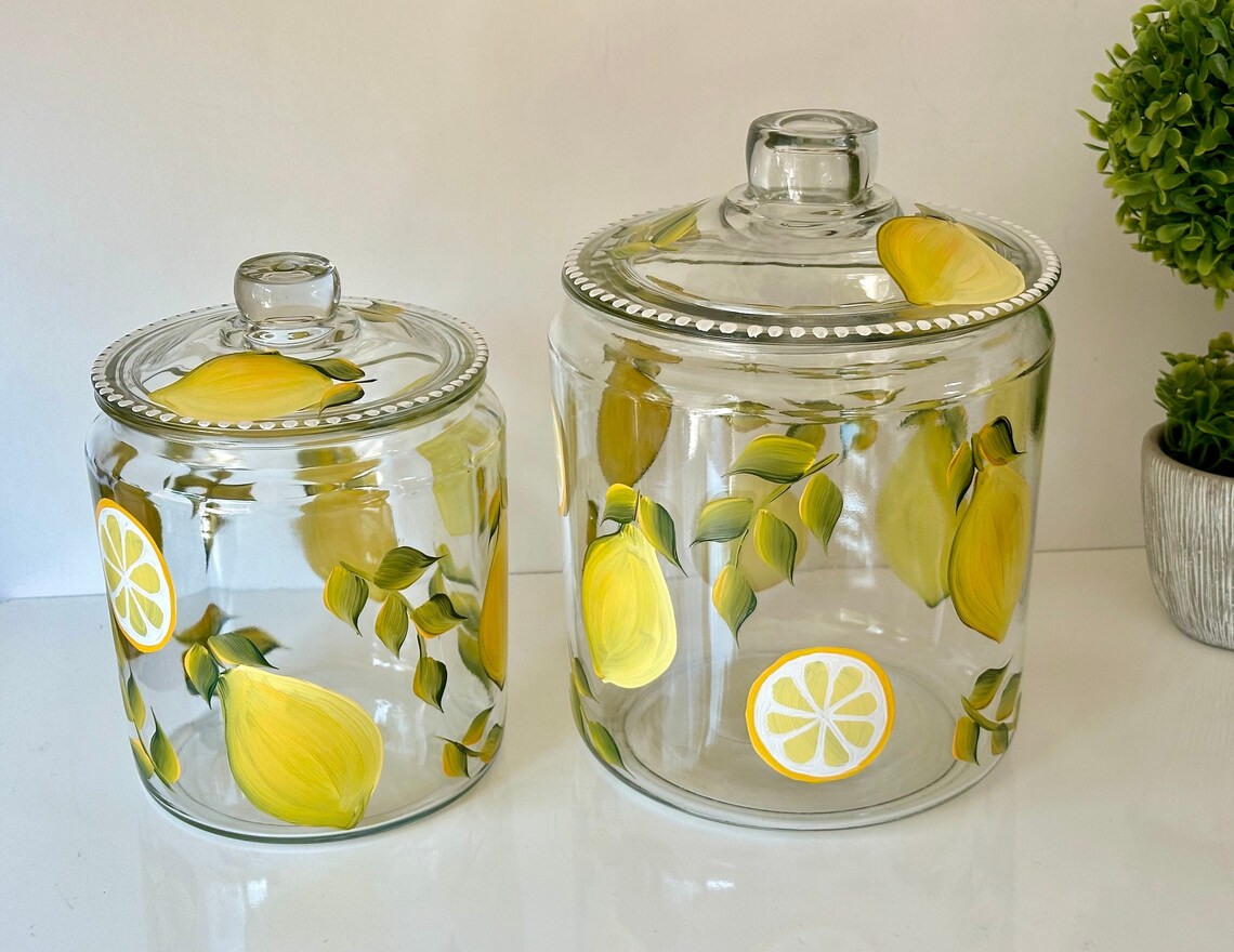 Painted Gallon Cookie Jar Lemons, Lemon Themed Candle Holder Kitchen ...