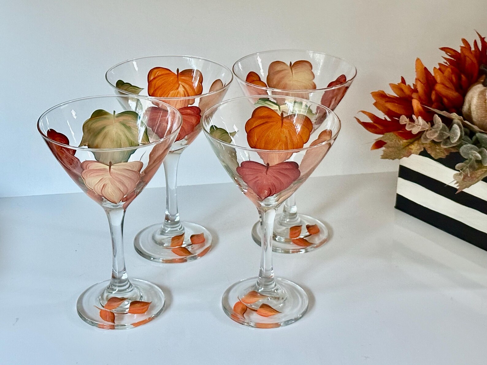 Fall Martini Cocktail Glasses, Hand Painted Fall Leaves Dessert Cup ...