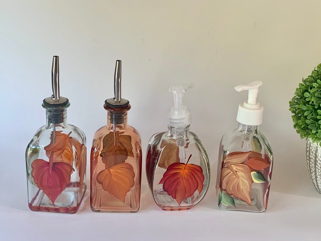 Fall Soap Dish, Painted Glass Dish Soap Dispenser, Painted Fall Leaves ...
