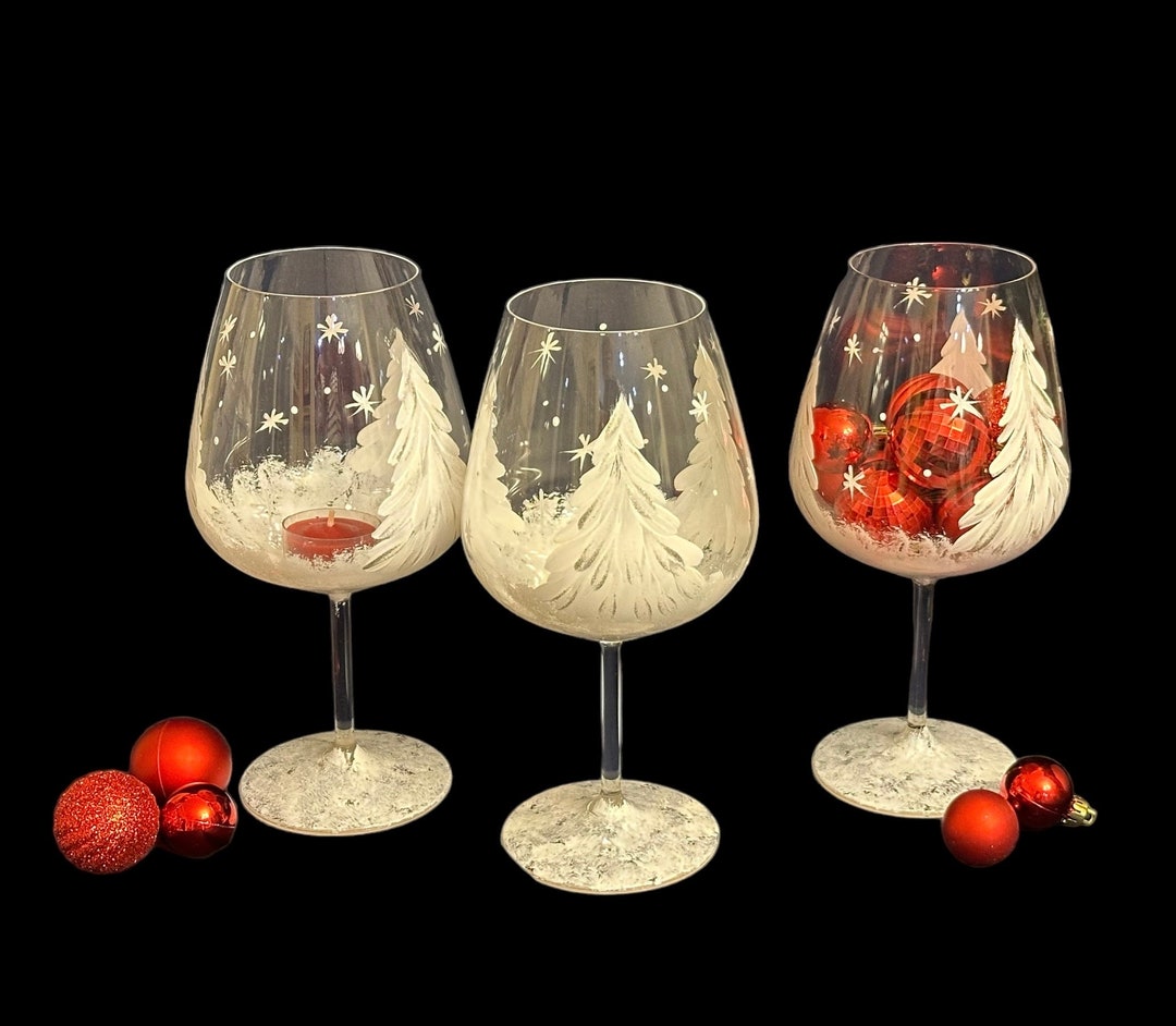 Winter Wine Glass Crystal Holiday Goblet, White Winter Trees Snowflakes ...