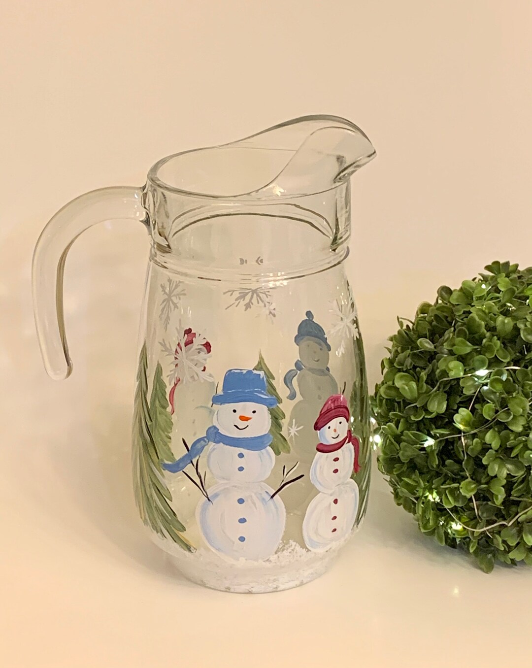 Painted glass pitcher winter snowman, sangria pitcher, lemonade pitcher ...