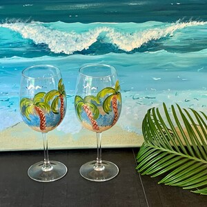 Hand Painted Glass Pitcher Set, Ocean Scene, Tropical Pitcher Set, Palm ...