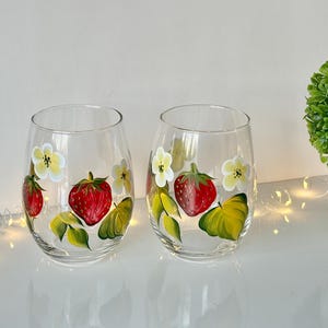 Strawberry Glass Pitcher Set Painted Stemless Wine Glasses, Step Mom ...