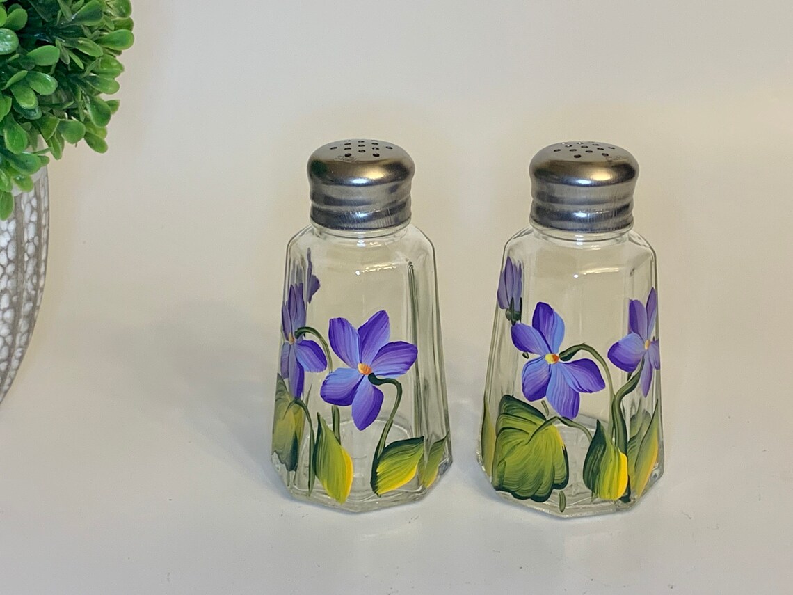 Painted Salt and Pepper Shakers With Violets, Shaker Set, Glass Shakers ...