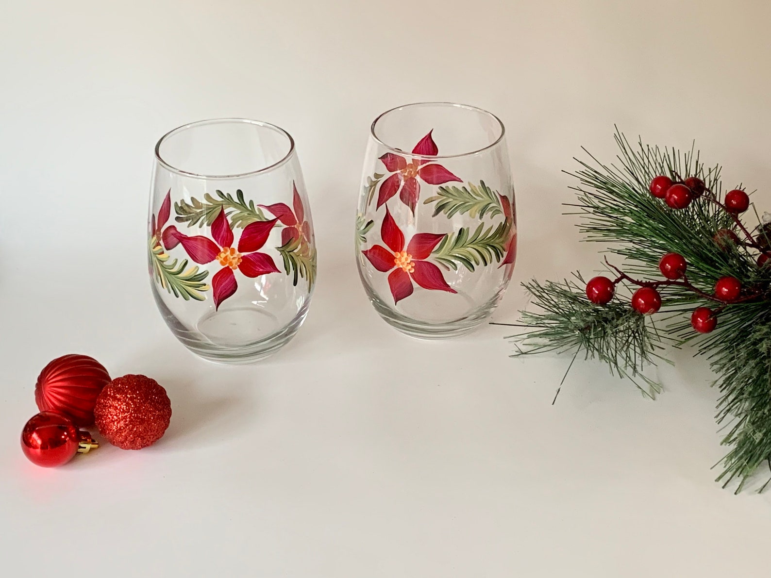 Hand Painted Glass Pitcher Set With Christmas Poinsettia, Holiday ...