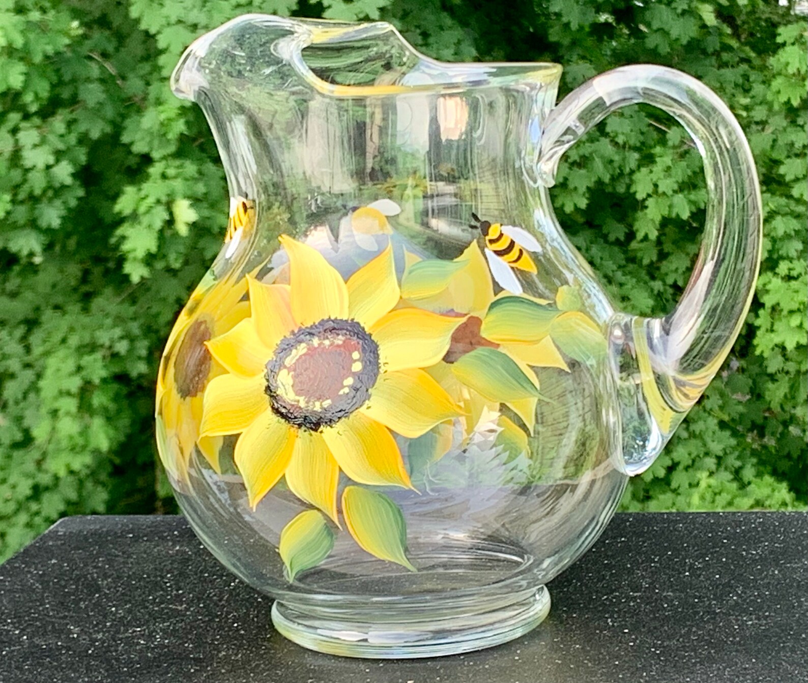 Hand Painted Glass Pitcher Sunflowers Bees, Sangria Pitcher Godmother ...