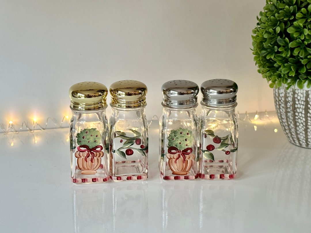 Christmas Salt Pepper Shakers, Topiary Glass Shakers, Painted Christmas ...