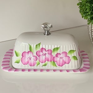 Painted Ceramic Butter Dish Pink Flowers, Covered Butter Dish, Butter ...