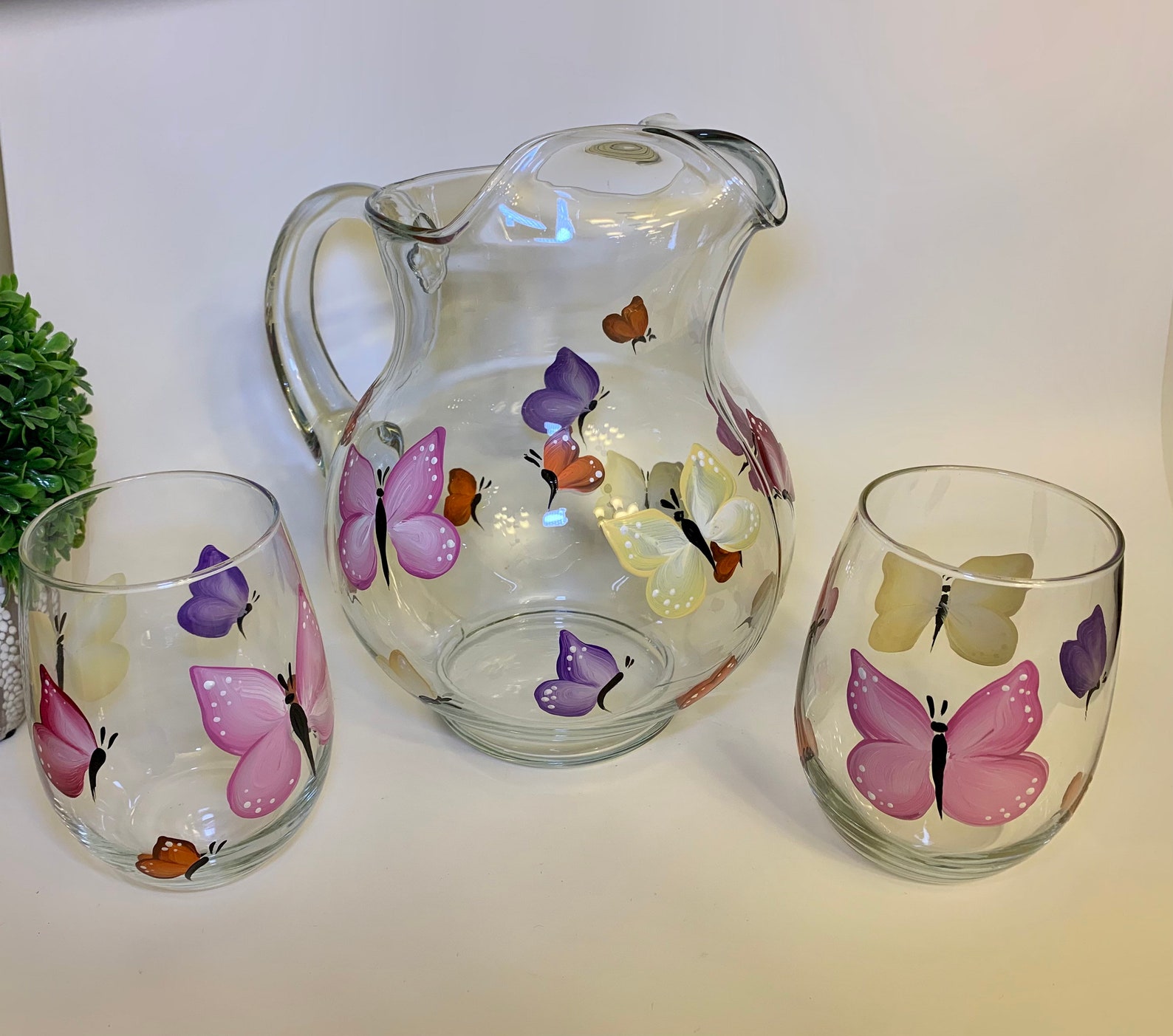Butterfly Glass Pitcher Set, Painted Wine Glasses, Goblet Set, Step Mom ...