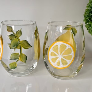 Painted Stemless Lemons Wine Glasses, Lemon Slices, Sister in Law Gift ...