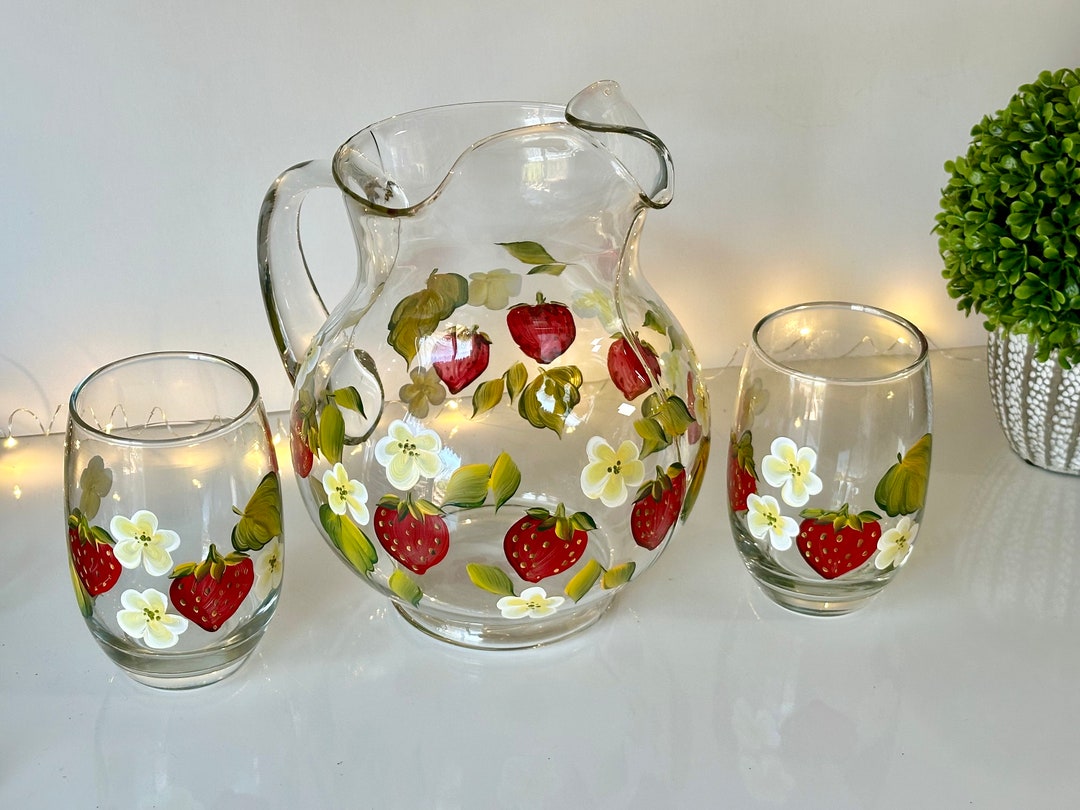 Strawberry Glass Pitcher Set Painted Stemless Wine Glasses, Step Mom ...