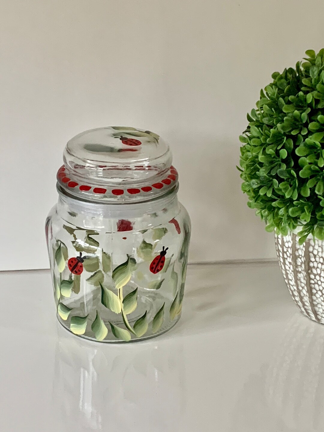 Painted Cookie or Candy Jar Ladybugs, Centerpiece Candle Holder ...