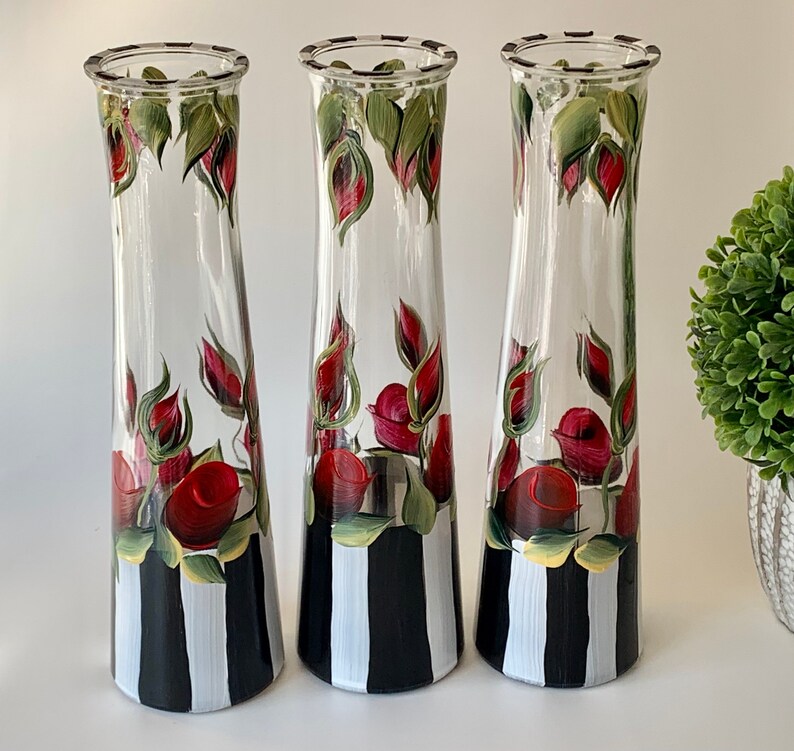 Painted bud vase glass roses vase black white vase roses | Etsy