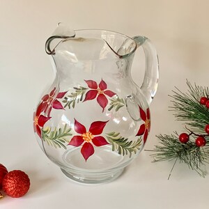 Hand Painted Glass Pitcher Set With Christmas Poinsettia, Holiday ...