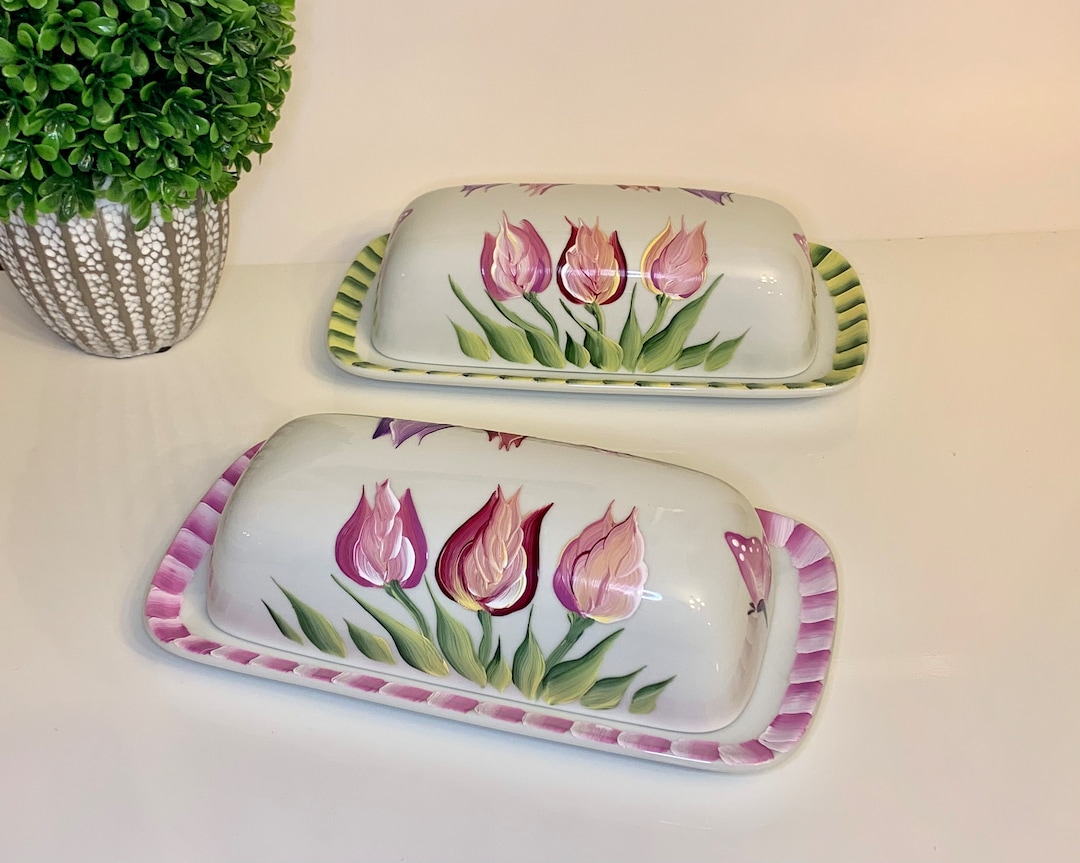 Butter Dish, Painted Pink Purple Tulips Butterflies Butter Dish With ...