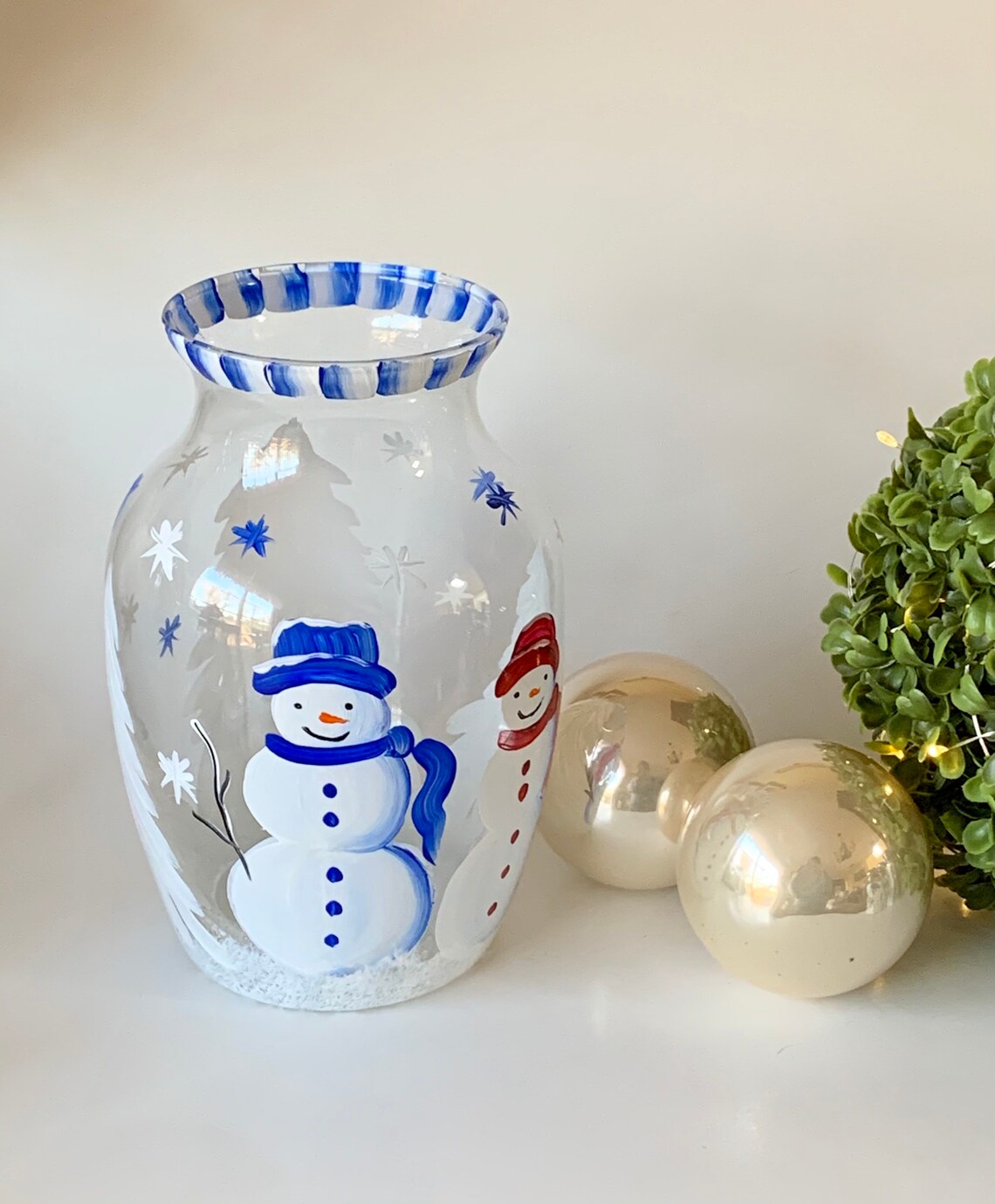 Painted Glass Vase With Snowman and Snow Lady. - Etsy
