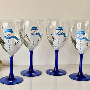 Snowman Winter Wine Glass, Single Christmas Goblet, Painted Snowman ...