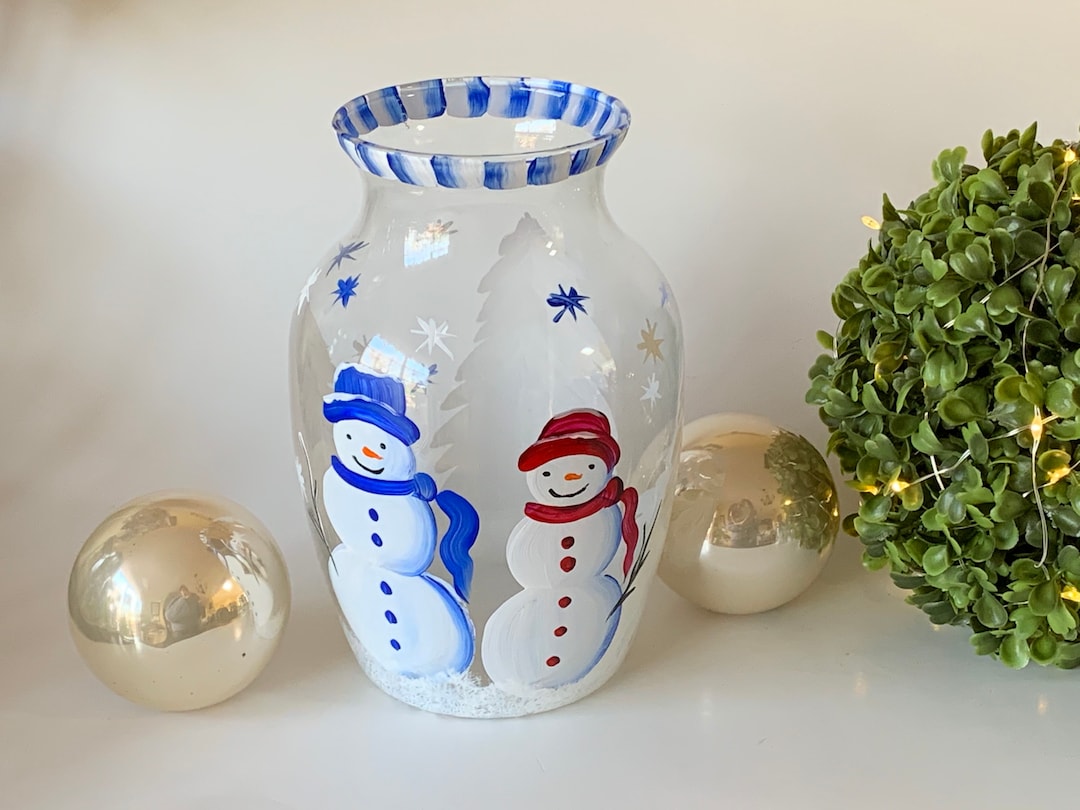 Painted Glass Vase With Snowman and Snow Lady. - Etsy