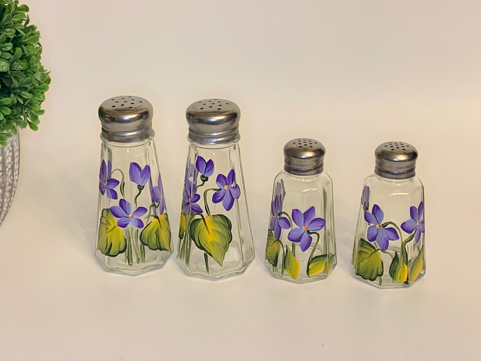Painted Salt and Pepper Shakers With Violets, Shaker Set, Glass Shakers ...