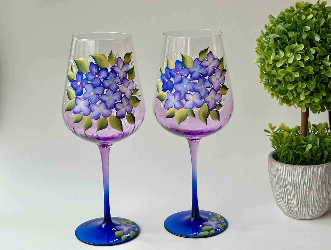 Painted Wine Glasses Blue Purple Hydrangeas, Large Goblet Wedding Wine ...