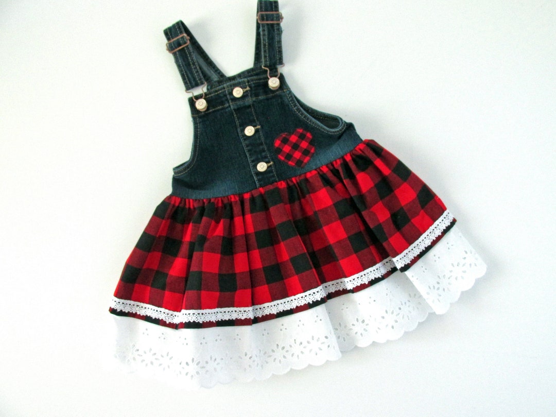 Girl 4T/5T Upcycled Denim Jumper With Tiered Gathered Red Flannel ...
