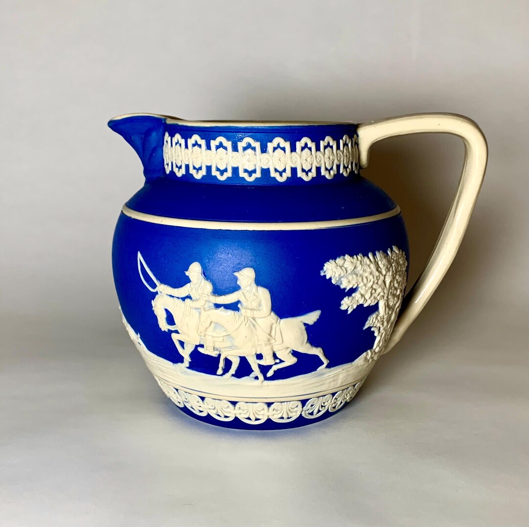 Vintage Collectible Ceramic Pitcher, Vintage Blue Embossed Copeland ...