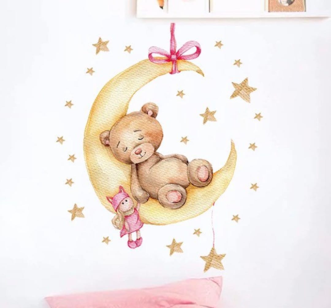Teddy Bear Snoozing on the Moon Wall Decal, Wall Art, Removable Wall ...
