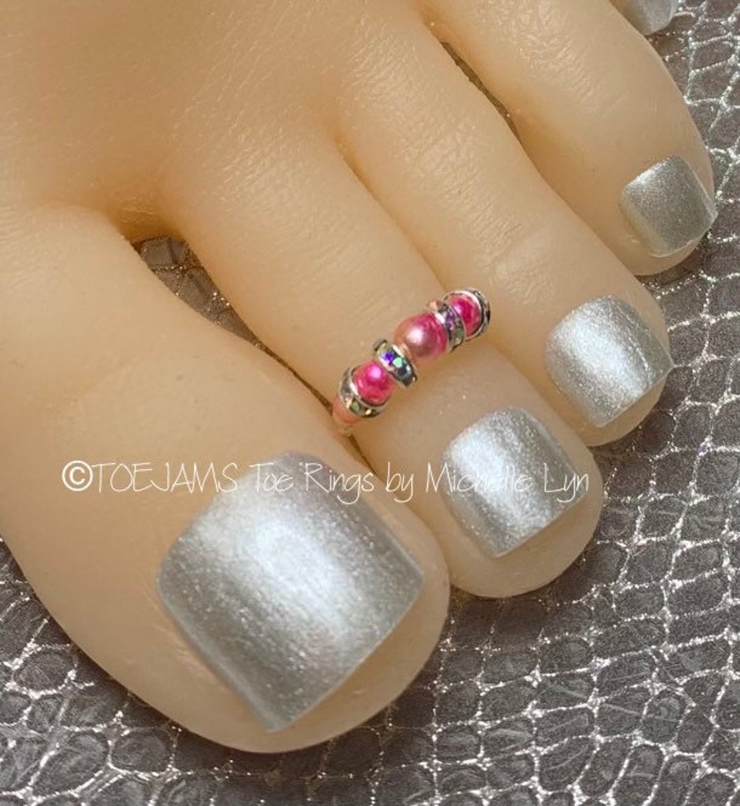 Strawberry Cotton Candy Pearl and Crystal Toe Ring, Elastic Stretch Toe ...