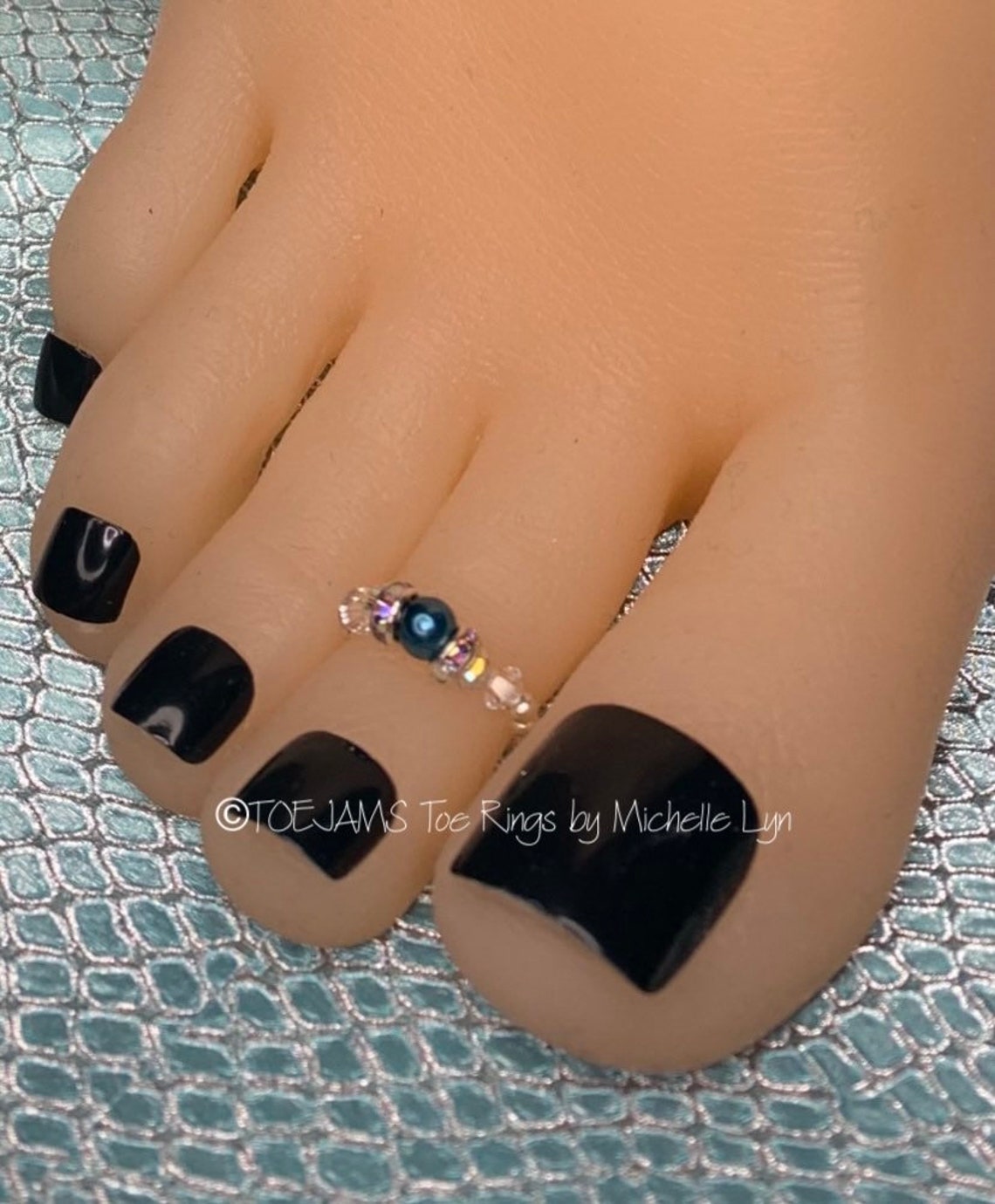 Pearly Teal and Crystal Toe Ring, Elastic Stretch Toe Ring, Beaded Toe ...
