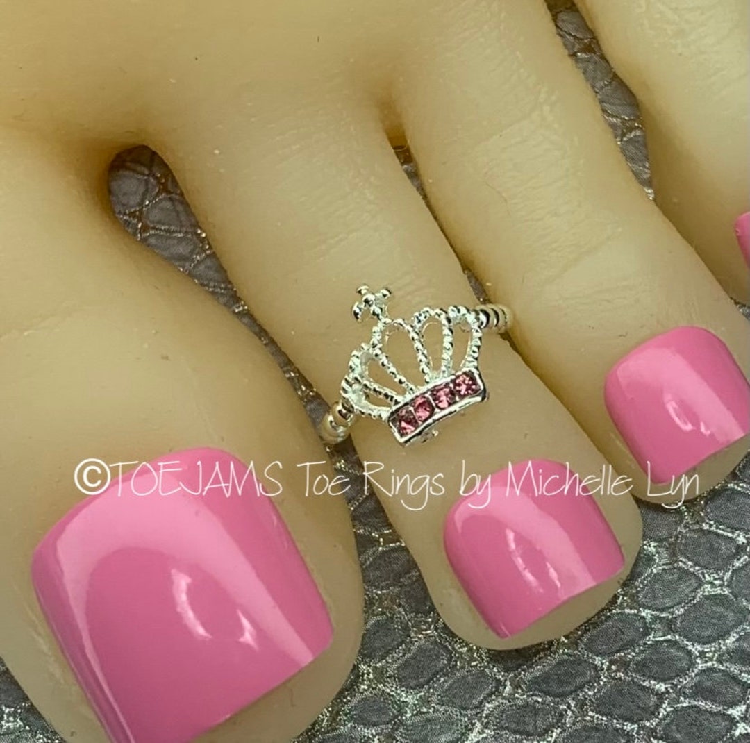 CROWN Silver/pink Crystal Toe Ring, Stretch Elastic Beaded Band Toe ...