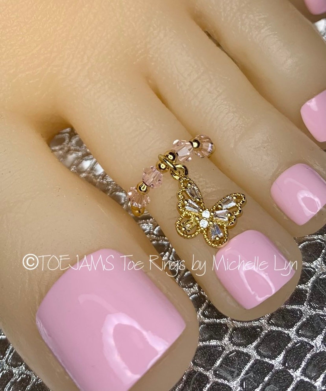 Gold Butterfly and Pink Crystal Dangle Toe Ring, Stretch Elastic Toe ...